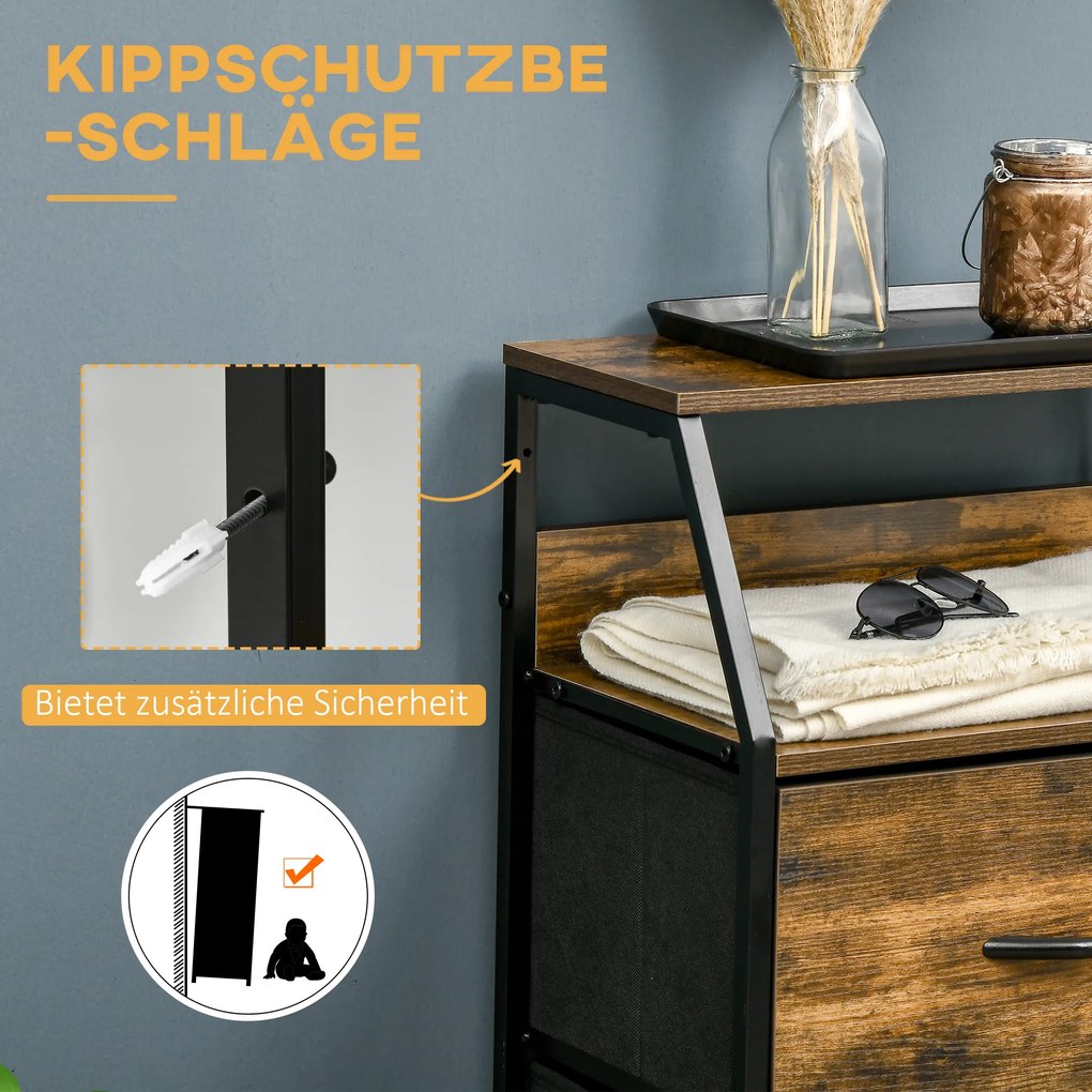 HOMCOM Úložný kabinet s textilními šuplíky, 3 šuplíky, policový skříňkový kabinet se železným rámem pro ložnici a obývací pokoj, rustikální hnědá