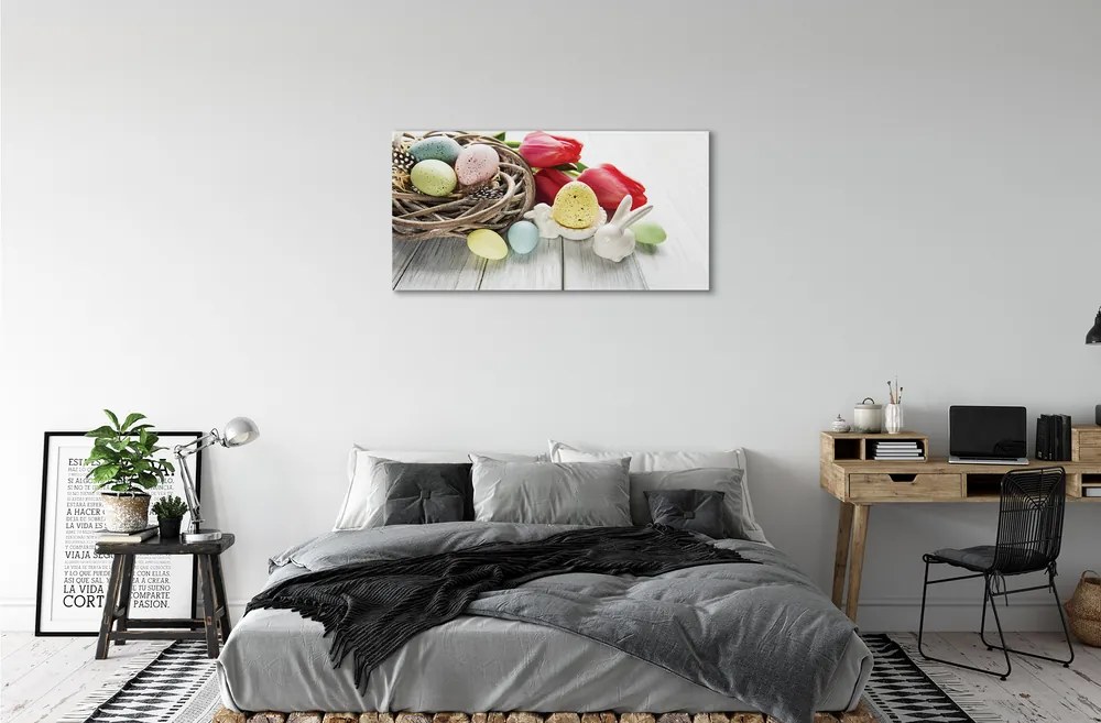 Obrazy na plátně vejce tulipány 140x70 cm