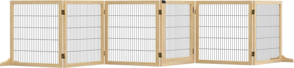 PawHut Nastavitelná bezpečnostní brána pro psy s nohama 432 x 70 cm dřevěná bariéra pro psy skládací brána pro schody, dveře, chodby, 6 panelů, přírod