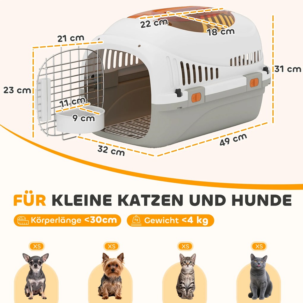 Přepravní box Přepravní box pro kočky Miniaturní psi do 4 kg Přepravní box pro psy s otevírací stříškou Miska na krmivo 49x32x31cm Světle šedý