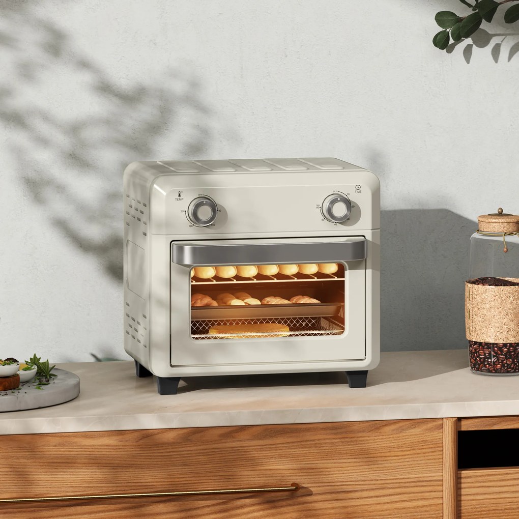HOMCOM Mini trouba s konvekcí 10 l 2 v 1 Mini trouba s roštem, plechem na pečení a plechem na drobky, horkovzdušná fritéza 80 °C-230 °C, s dotykovým …