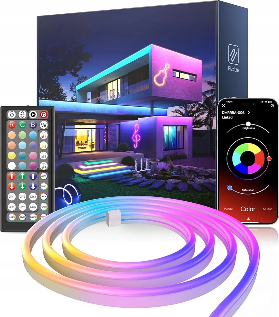Led pásek Rgb 5 m Vodotěsný Dálkový Ovladač Aplikace IP65 24V Neon Elastický