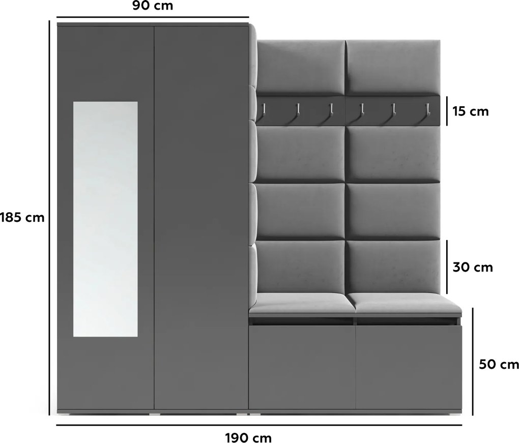 Eka Předsíňová stěna s čalouněnými panely Trinity 8 - Grafit / Světlá modrá 2322
