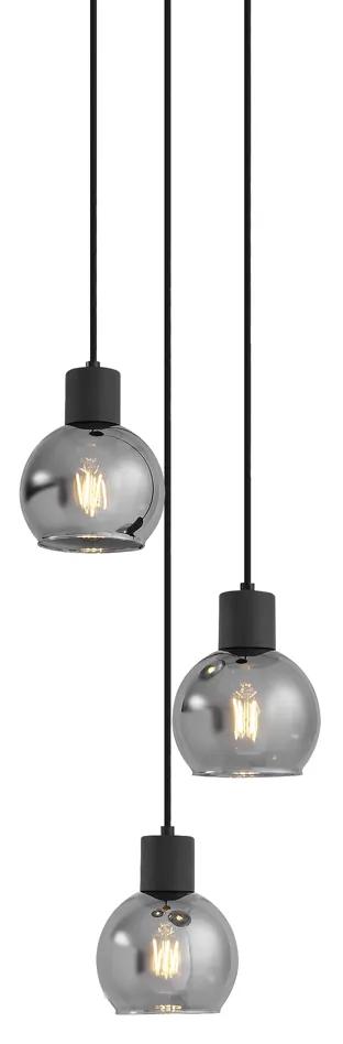 Art Deco závěsná lampa černá s kouřovým sklem kulatá 3-světelná - Vidro