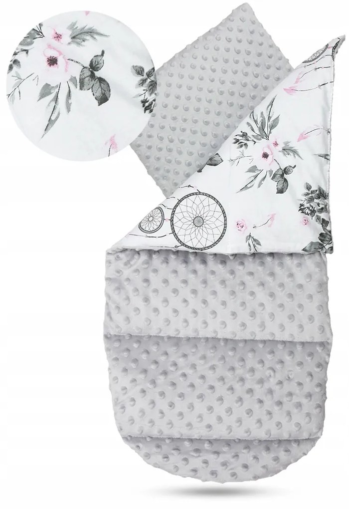 Oboustranné hnízdečko (kokon) pro miminko - BABYMAM PREMIUM set 7v1 - Lapače snů s šedou minky