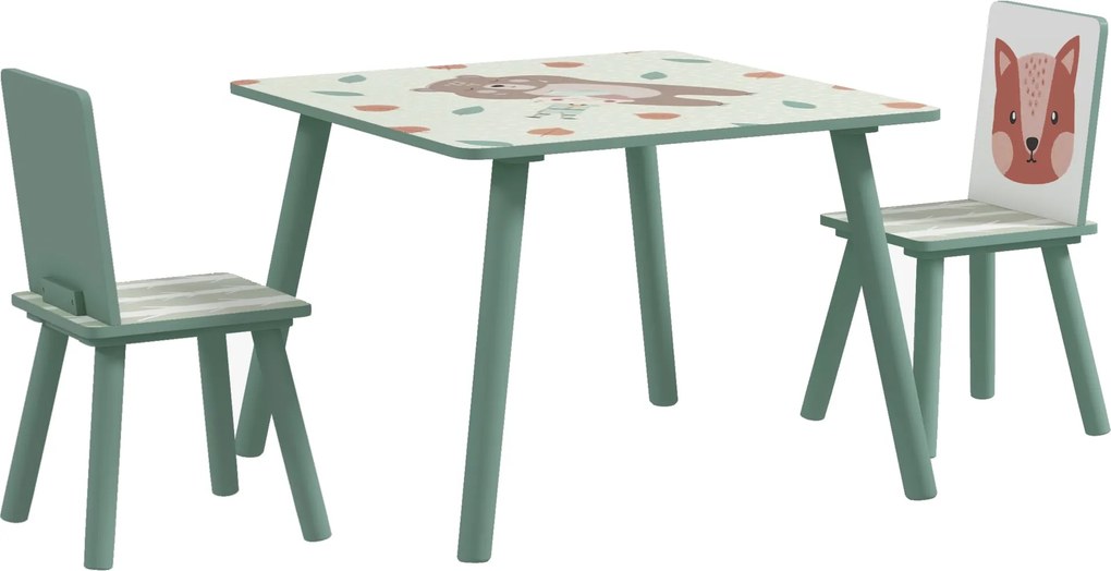 ZONEKIZ 3-dílná dětská sada stolu a židlí - Dětský stůl se 2 židlemi pro aktivity dětí ve věku 3-8 let do ložnice, herny, zeleno-bílá