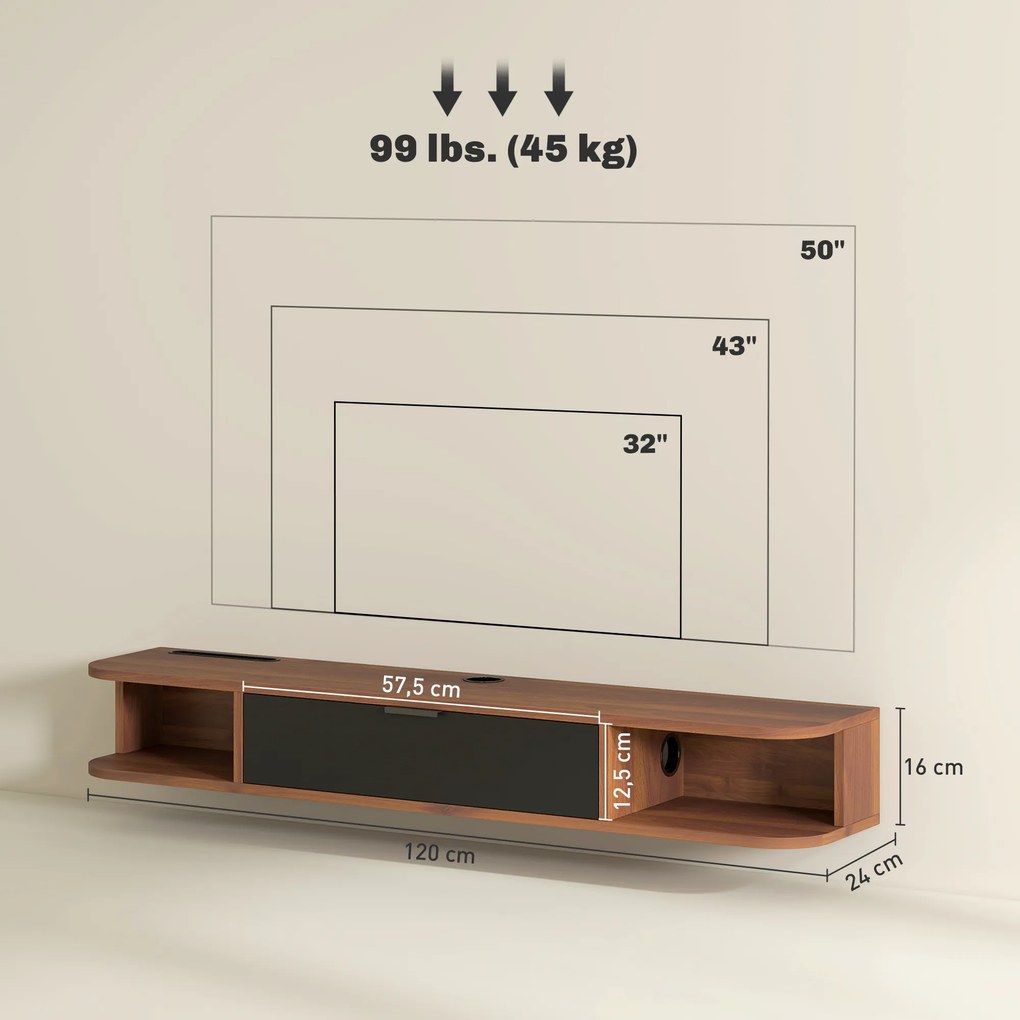 HOMCOM televizní stolek až do 127 cm, závěsný se sklápěcí zásuvkou, 2 otevřené police a průchod kabelu, 120x24x16 cm, ořech