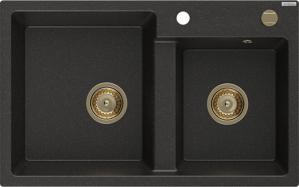 Mexen Tomas, granitový dřez 800x500x190 mm, 2-komorový, černá-zlatá metalíza se zlatým sifonem, 6516802000-75-G