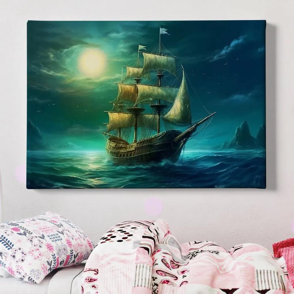Obraz na plátně - Velká plachetnice na moři za úplňku FeelHappy.cz Velikost obrazu: 60 x 40 cm