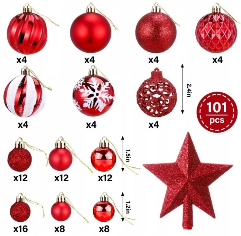 Flamenco Mystique Sada 100 vánočních ozdob + hvězda na vánoční stromeček, červená a bílá BSN66