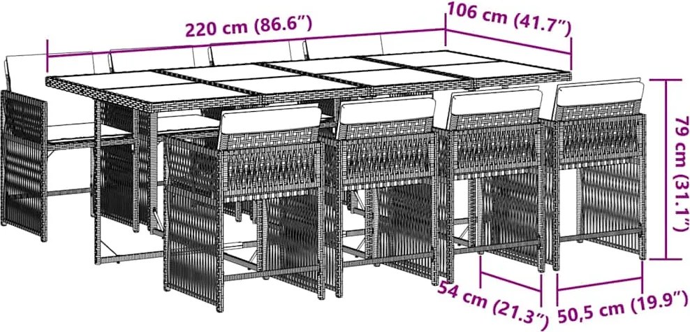 9dílný zahradní jídelní set s poduškami hnědý polyratan 3211641