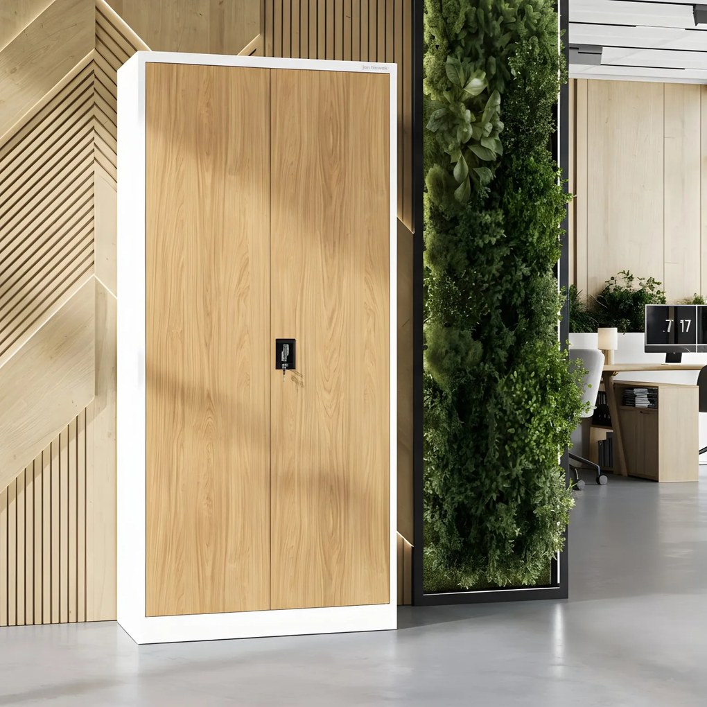 Vysoká kovová kancelářská skříň na dokumenty, bílá/zlatý dub, 900x1950x400 mm: JAN H Eco Design