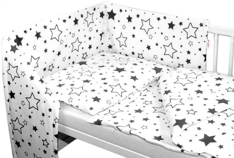 3-dílná sada - mantinel s povlečením - Černé hvězdy a hvězdičky - bílý, 135x100 cm
