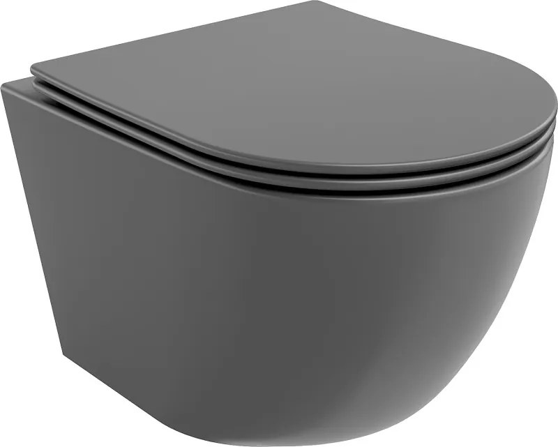 Mexen Lena závěsná WC mísa Rimless s pomalu sklápěcím prkénkem slim, duroplast, tmavě šedý mat - 30224071