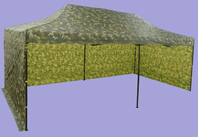 Nůžkový stan 3x6m ocelový, 3 boční plachty, Maskáčová