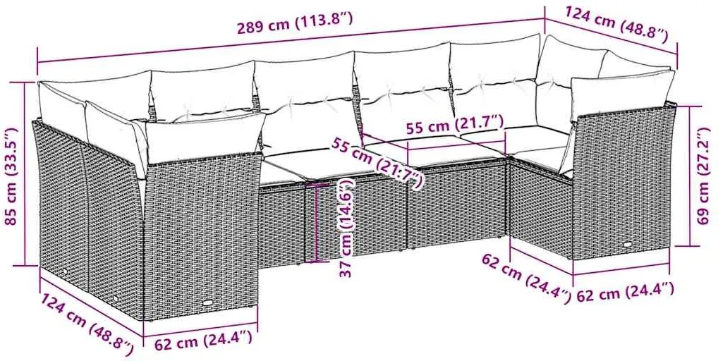 7dílná zahradní sedací souprava a podušky světle šedá polyratan 3249961