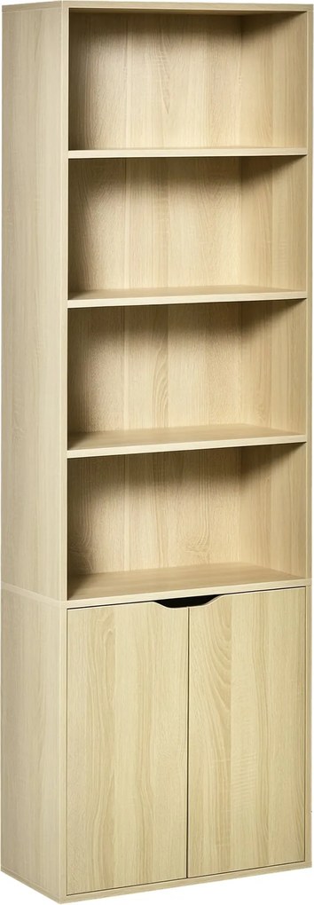 HOMCOM Knihovna se 4 otevřenými přihrádkami a 2 dveřmi pro obývací pokoj, pracovnu a kancelář, nosnost 80 kg, 59x29x180 cm, přírodní | Aosom