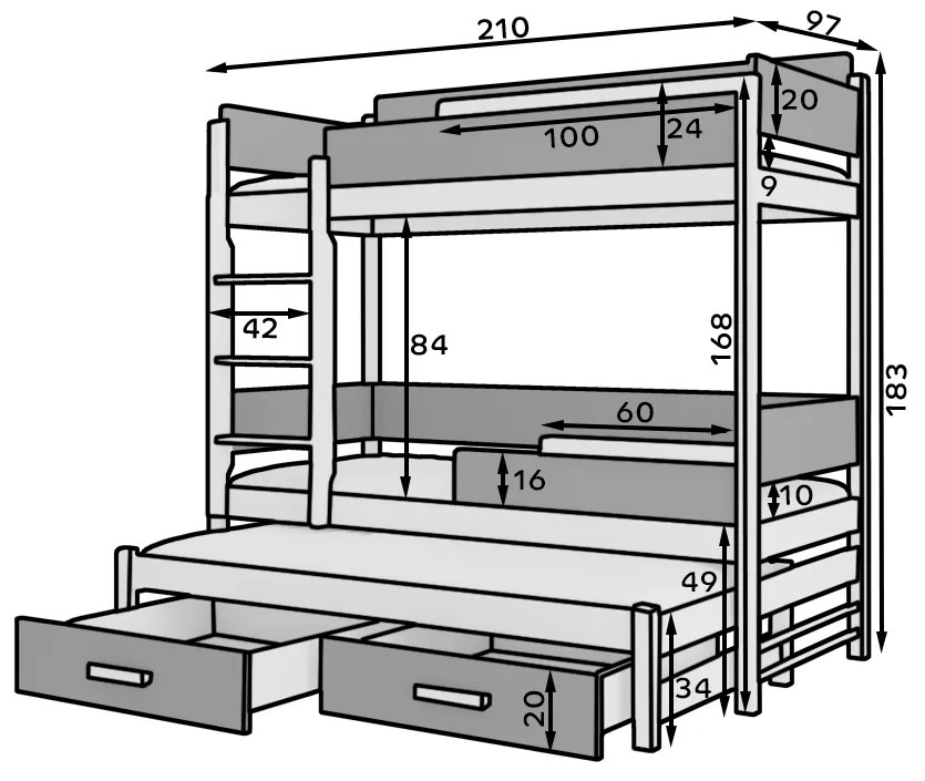 ADRK Rozkládací patrová postel QUEEN, CH-QUE-G-W-200, 200x90 cm, tmavě šedá/bílá