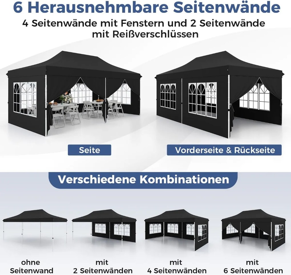 Costway Pavilon skládací pavilon s 6 odnímatelnými bočními stěnami a – černý