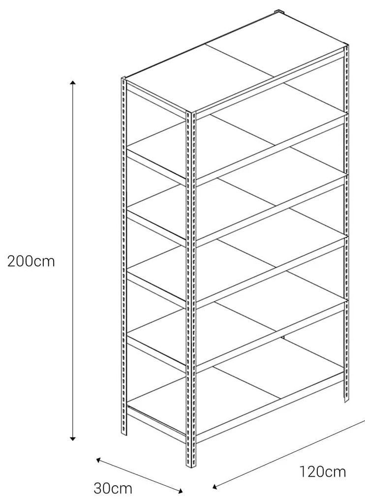 Bezšroubové kovové regál 200x120x30cm L profil, 6 polic
