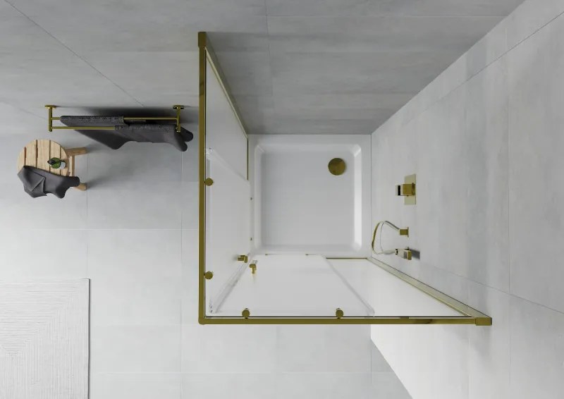 Mexen Rio, čtvercový sprchový kout s posuvnými dveřmi 70 (dveře) x 70 (dveře) x 190 cm, 5mm sklo námraza, zlatý profil + bílá sprchová vanička SLIM, 860-070-070-50-30-4010G