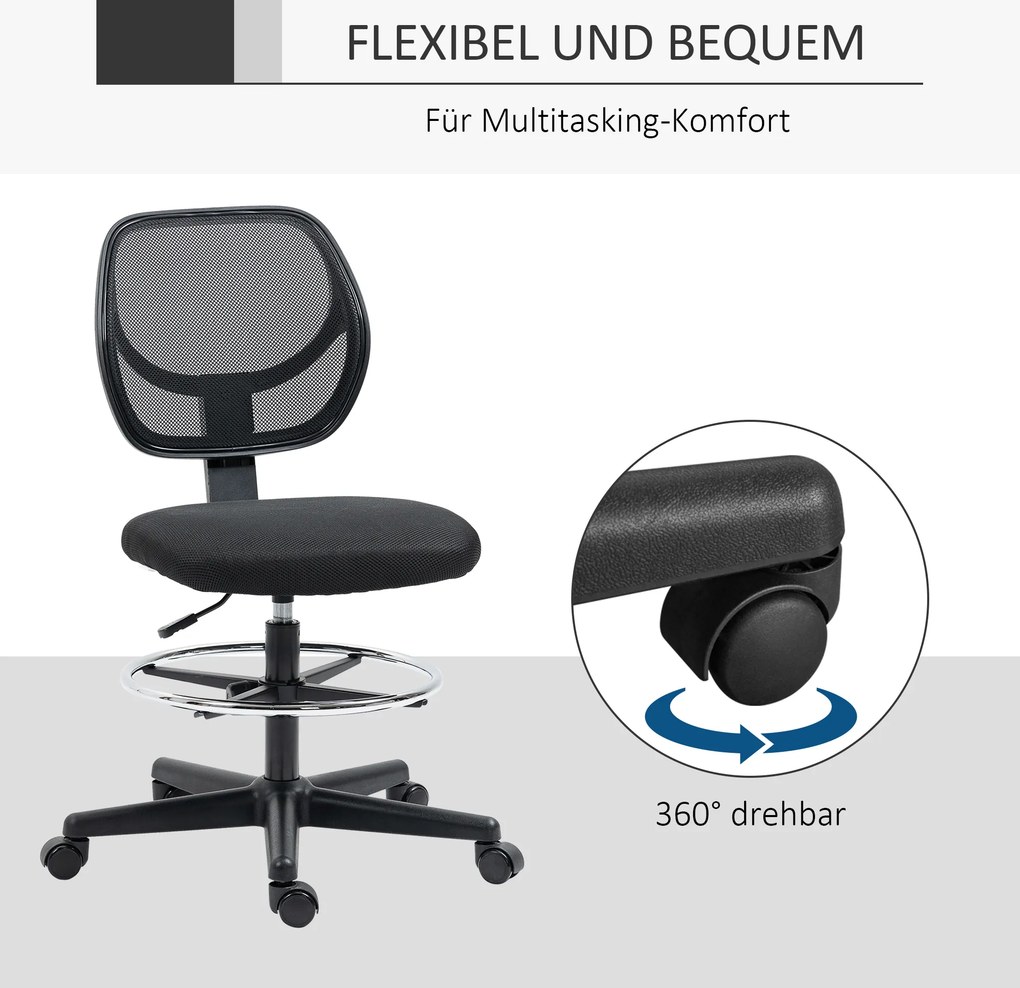 Kancelářská stojací židle Vinsetto, výškově nastavitelná ergonomická kancelářská židle, otočná židle s nastavitelnou opěrkou nohou, černá pro pohodln…
