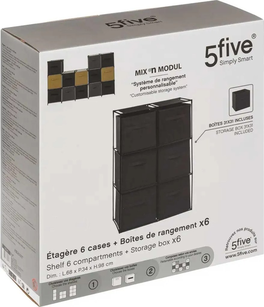Regál s 6 textilními boxy, výš, 98 cm