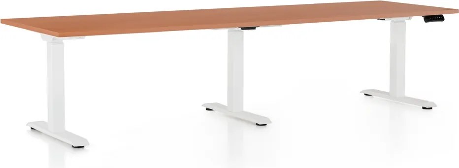 Výškově nastavitelný stůl OfficeTech Long, 260 x 80 cm, bílá podnož, třešeň