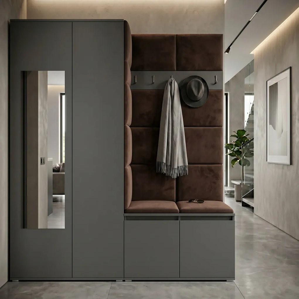 Předsíňová stěna Trinity 8 s čalouněnými panely, 190 cm, grafit/ tmavě hnědá