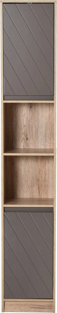 HOMCOM Vysoká koupelnová skříň s 2 dveřmi a 2 otevřenými policemi na úložný nábytek do obývacího pokoje nebo chodby 30x24x170 cm Dub a šedá | Aosom