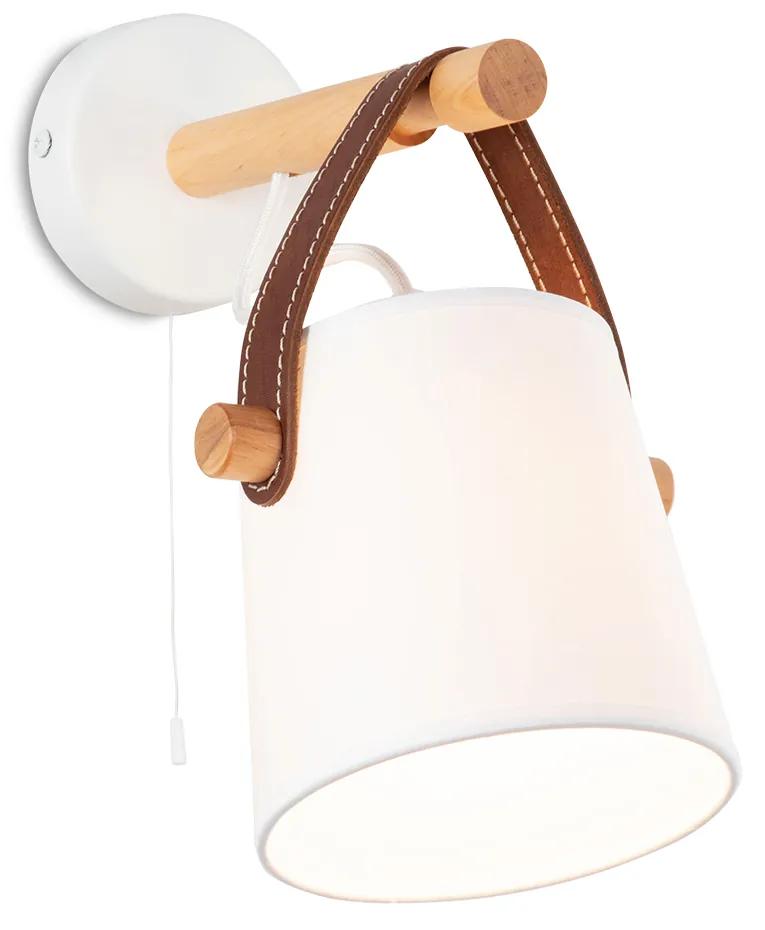 Light for home - Nástěnné svítidlo s integrovaným šňůrovým vypínačem.  40922 "RIONI", 1x40W, E27, bílá, přírodní olše, hnědá kůže