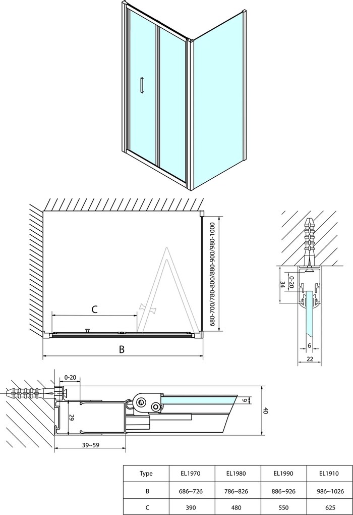 Polysan Polysan, EASY LINE obdélníková sprchová zástěna 1000x900mm, skládací dveře, L/P varianta, čiré sklo, EL1910EL3315