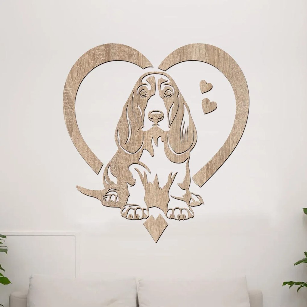 dřevo života Dřevěná samolepka Basset Hound v srdci Zvolte rozměr (cm): 37x40, Zvolte barvu dekoru: Buk