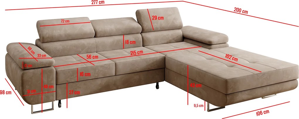 Rohová rozkládací sedací souprava do L WILIAM, 277 cm, s úložným prostorem Roh pohovky: Pravý roh, Barva látky: Světle šedá (Monolith 84)