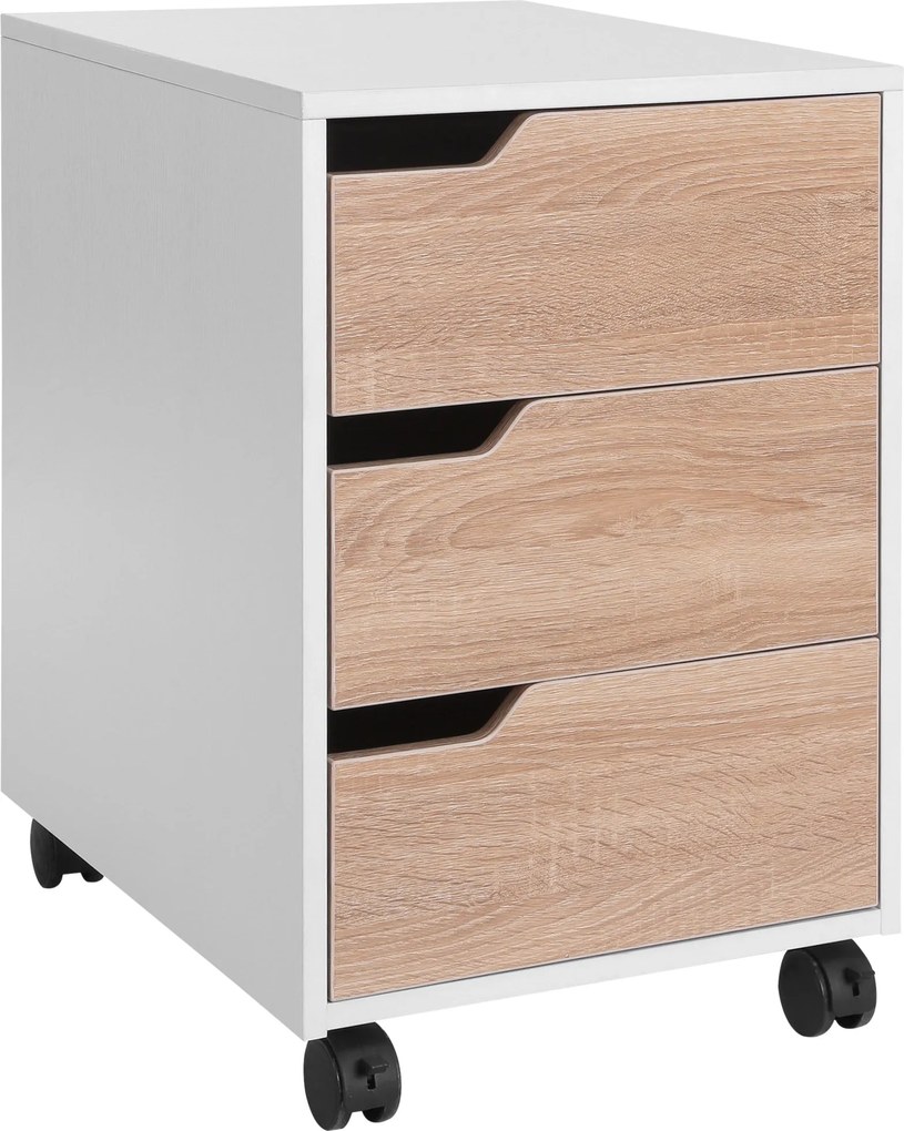 HOMCOM Počítačová skříňka s koly, 3-zásuvková skříňka na dokumenty pro studijní stůl 40x50x57.5 cm Dub a bílá