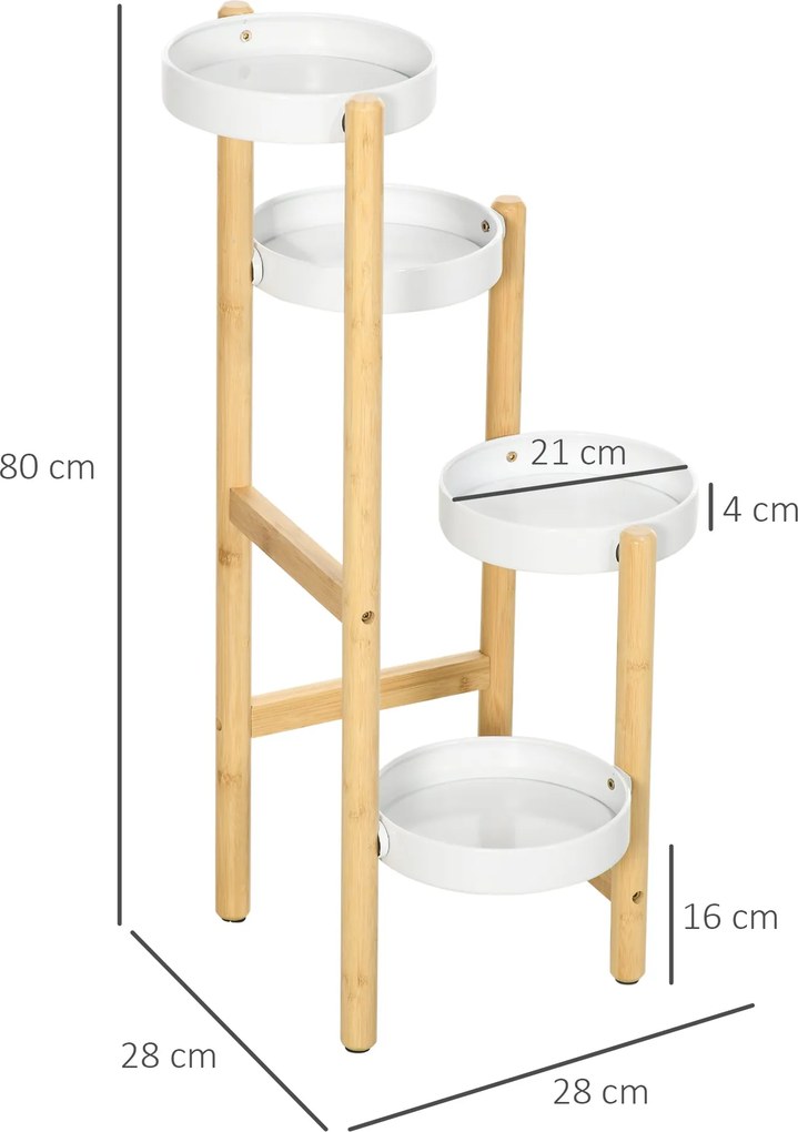 Outsunny bambusový stojan na květiny s 4 kulatými policemi, nosnost 20 kg pro vnitřní a venkovní použití Ø28x80 cm Přírodní a bílá