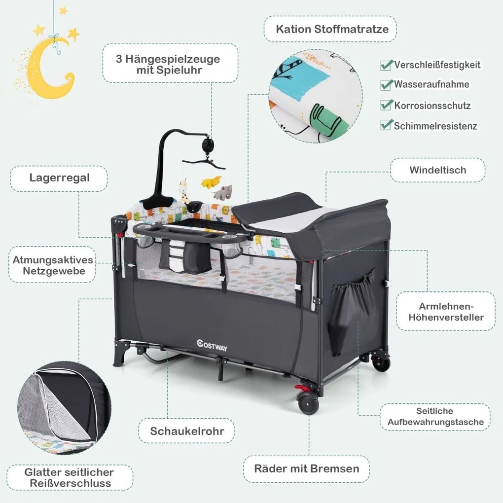Costway Konvertibilní dětská postýlka 5 v 1 s přebalovacím pultem a úložným