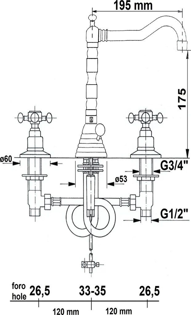 SAPHO ANTEA tříprvková umyvadlová baterie s retro hubicí, s výpustí, chrom/zlato 3222