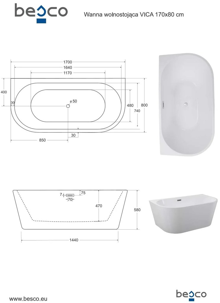 BESCO Volně stojící vana VICA Glam - zlatá Barva - GLAM 01 - zlatá, Barva sifonu - Zlatá, Rozměr vany - 170 × 80 cm - VANVIC170ZG1