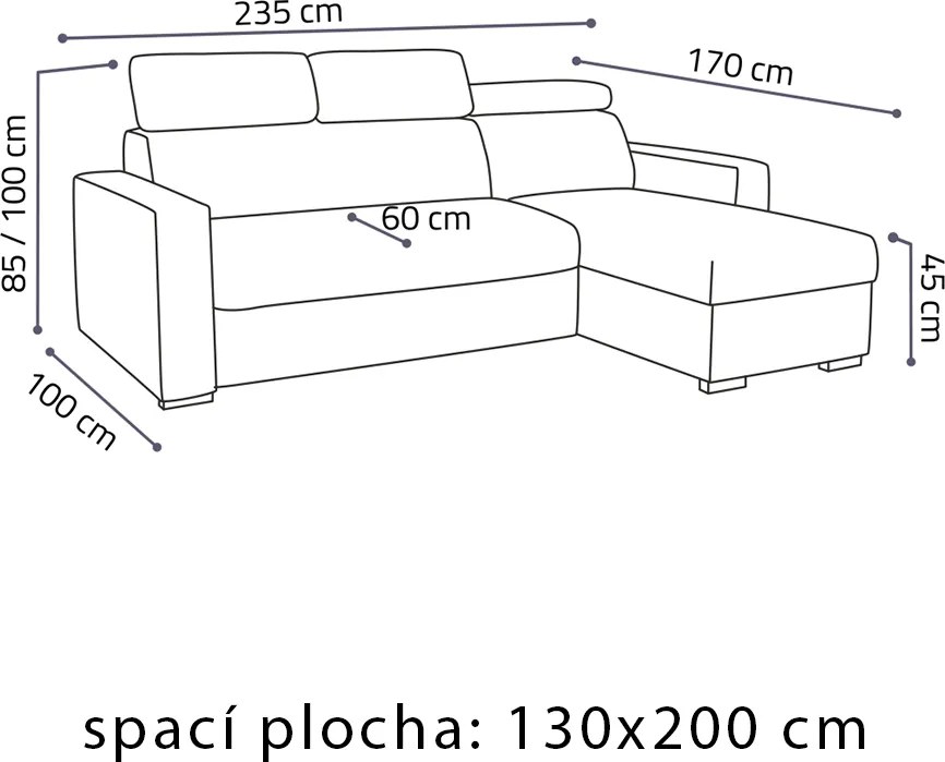Malá sedací souprava MARIO L | 235x170 cm | rozkládací + úložný prostor | polohovatelné záhlavníky | VÝBĚR TKANIN
