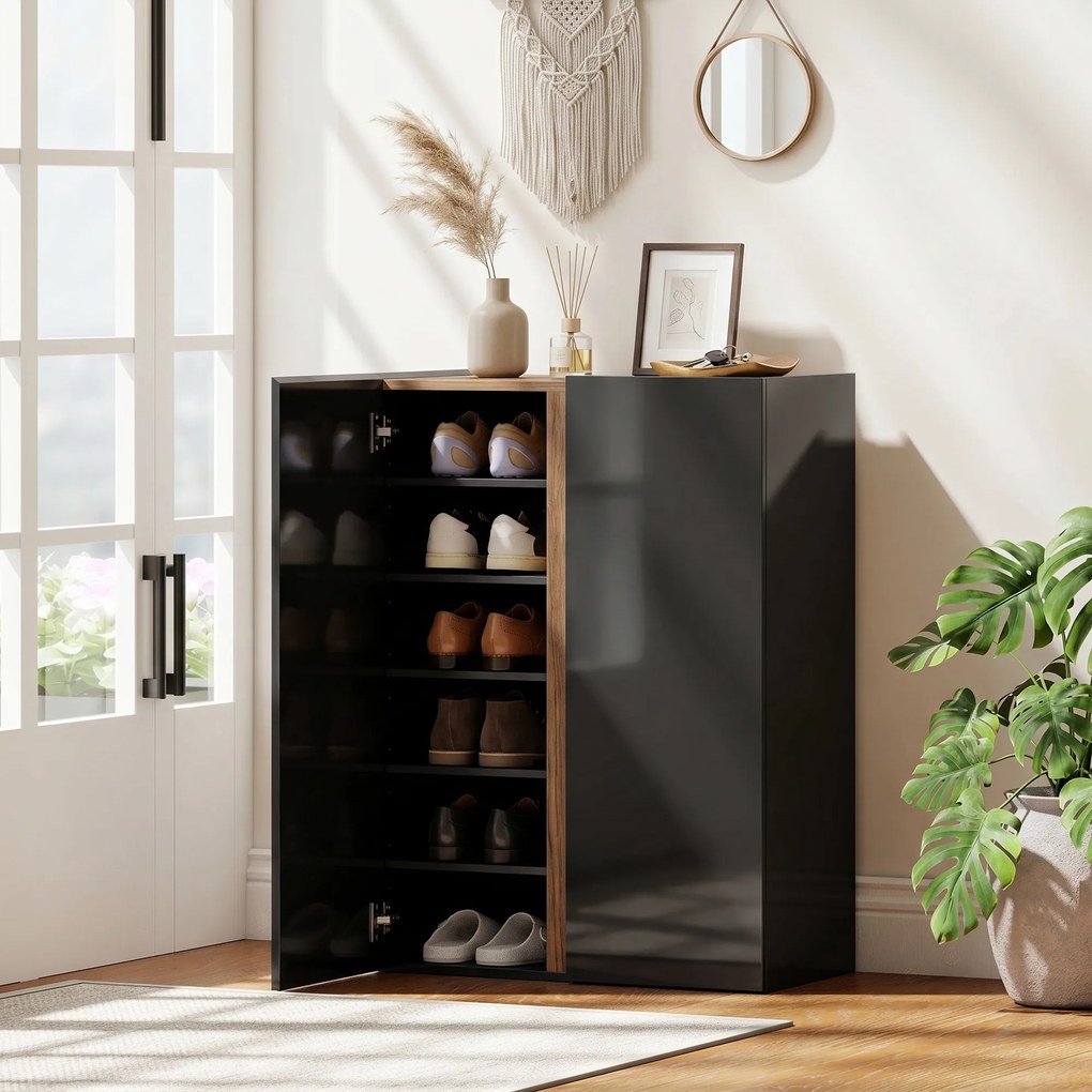 Skříňka na boty HOMCOM s bezpečnými soft‑close dveřmi, 6 polic, až 18 párů, bezúchytový design, vysoce lesklá černá