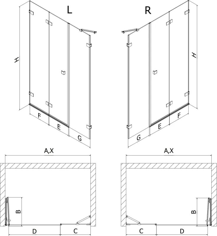 Mexen Lunar-F sklopné sprchové dveře levé 150 cm, průhledné, kartáčovaná měď - 836S-150-050-65-00-L