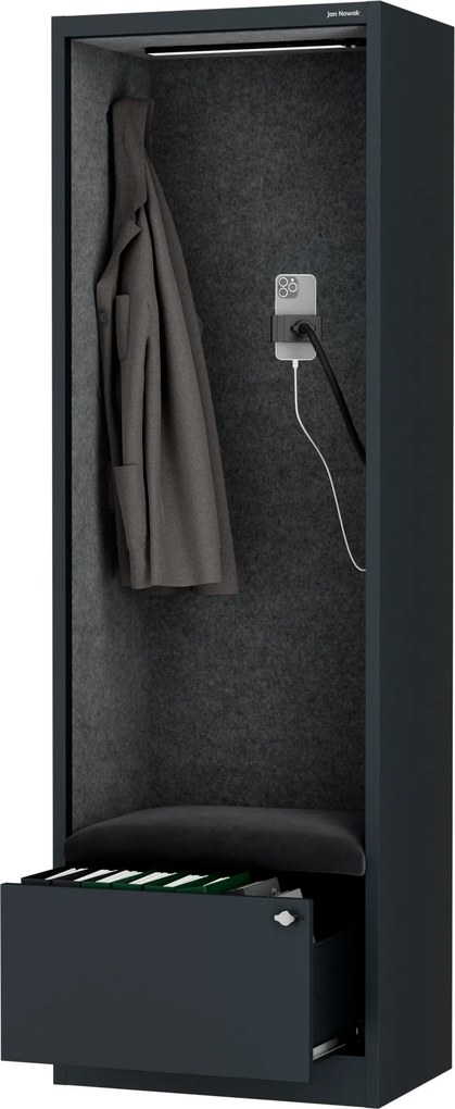 Kancelářská akustická kabina se sedátkem a USB-C portem, korpus antracitový / sedák tmavě šedá, 600 mm: SALLY MentalBox