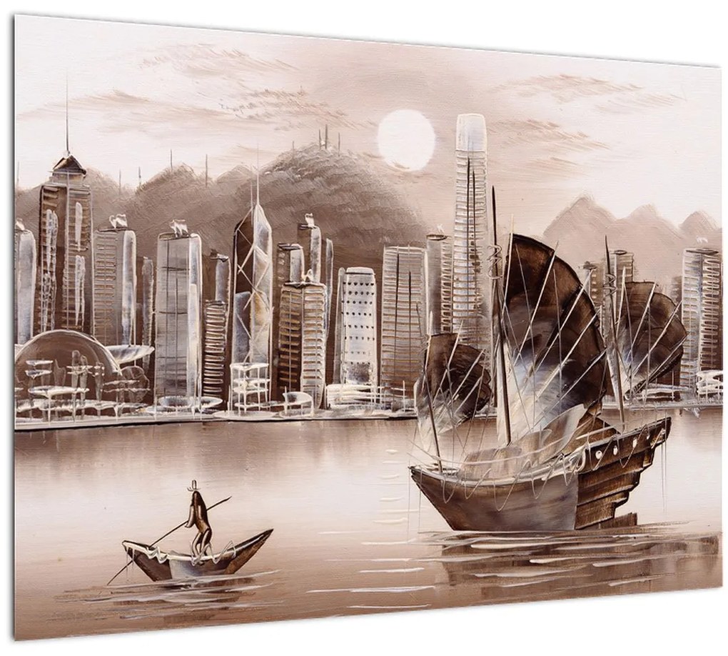 Skleněný obraz - Victoria Harbor, Hong Kong, sépiový efekt (70x50 cm)