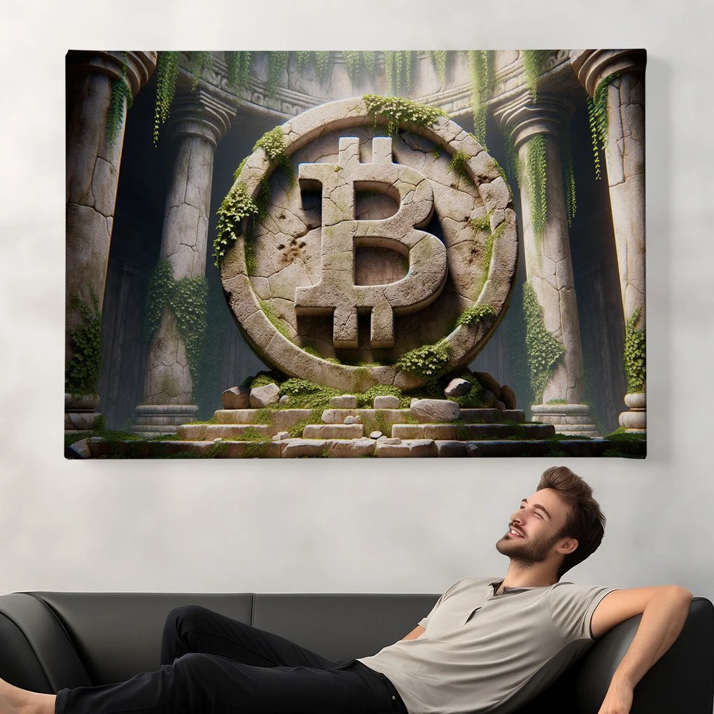 Obraz na plátně - Bitcoin, kamenné logo v opuštěném chrámu FeelHappy.cz Velikost obrazu: 150 x 100 cm