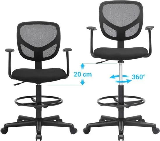 Ergonomická kancelářská židle s opěrkami, vysoká otočná židle s výškou sedáku 55-75 cm, černá