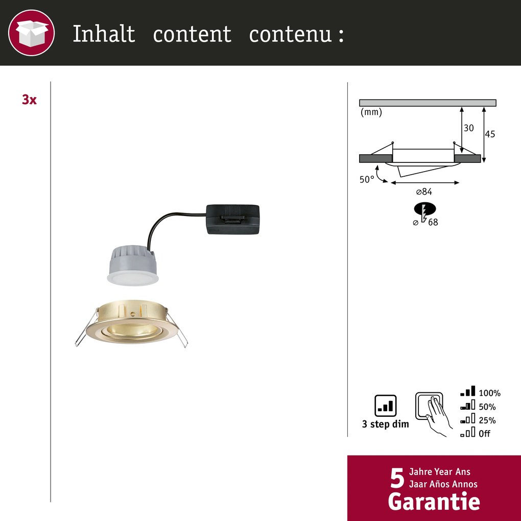 Paulmann 92406 LED Coin Nova round, set kulatých bodovek v matně zlaté úpravě, 3x6W LED 2700K tříkrokové stmívání, prům.8,4cm