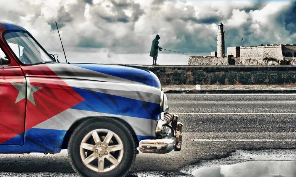 Vícedílný obraz Auto S Kubánskou Vlajkou V Ulicích Havany Nedostatek Nedostatek Plátno Canvas 150x90