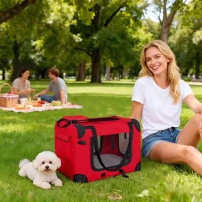 PawHut skládací taška na psa 60x41,5x41 cm s síťovými okny, měkkým polštářkem a 2 rukojeťmi pro mini psy a kočky, červená