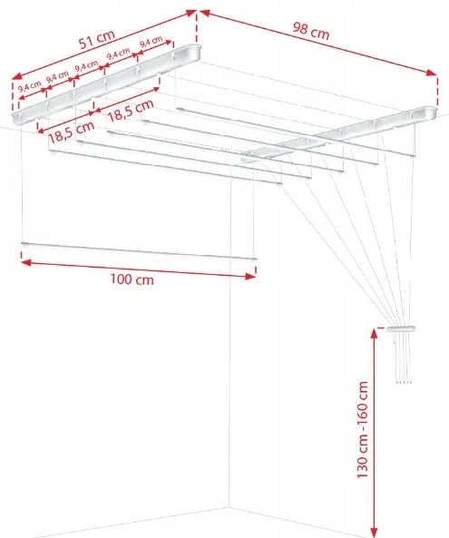 Erga Erga, stropní věšák na sušení prádla 6x100 cm, bílé, ERG-SEP-10SUSSUF6PP10